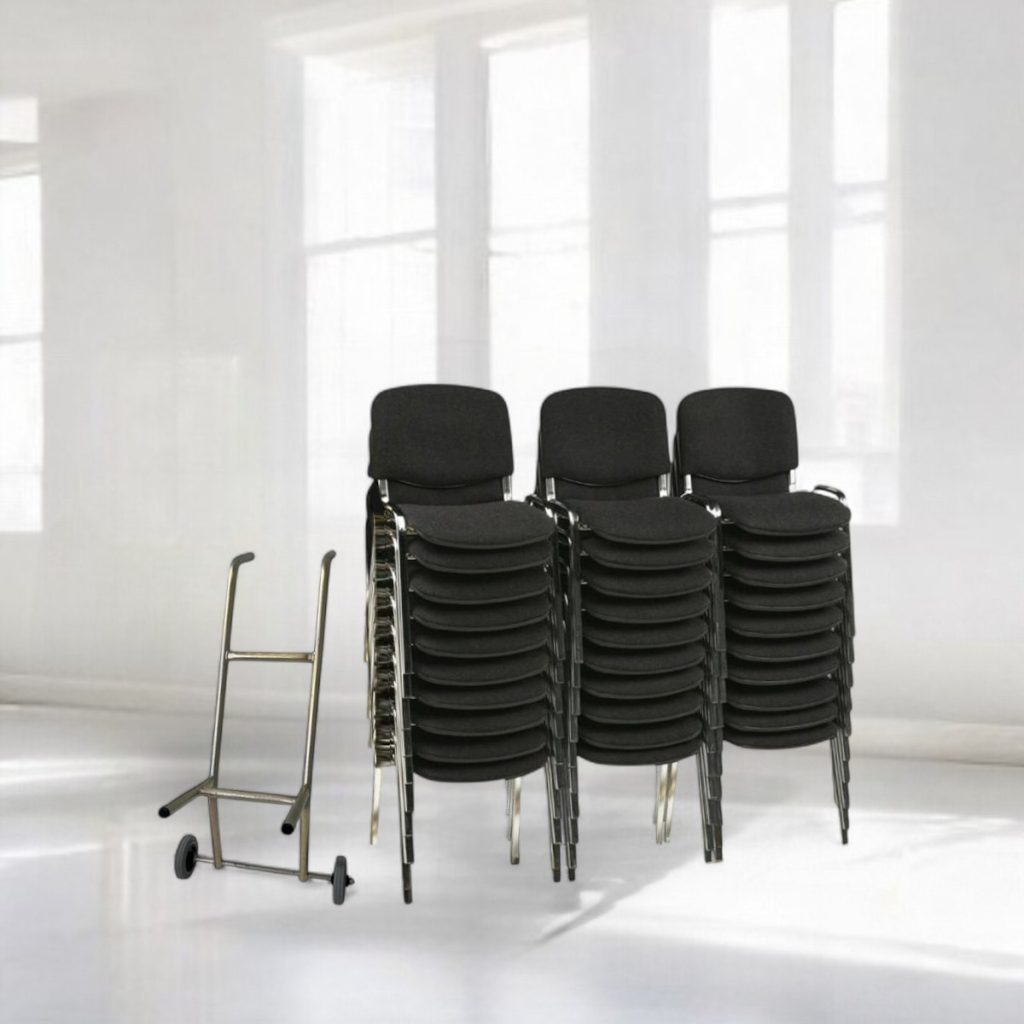 30 Economy Upholstery stackable chairs in black incl. chair trolley ...